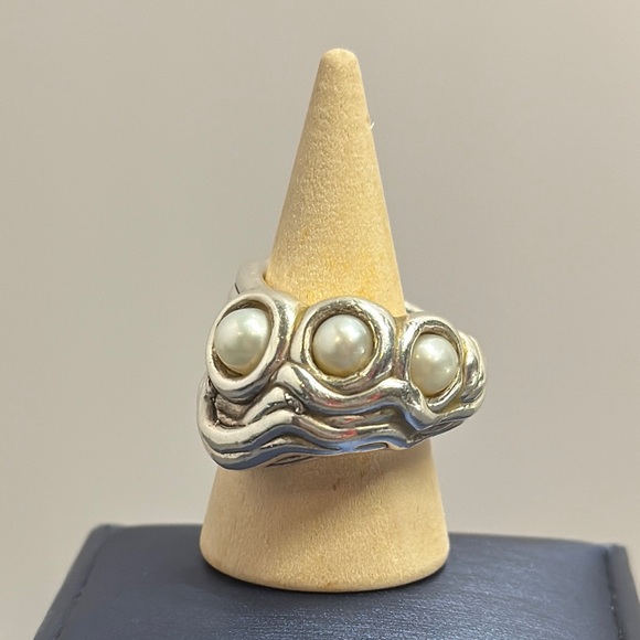 Sterling | Jewelry | Huge Vintage Abstract Thick Wave Art Sterling Silver 3 Pearl Ring Stamped ...